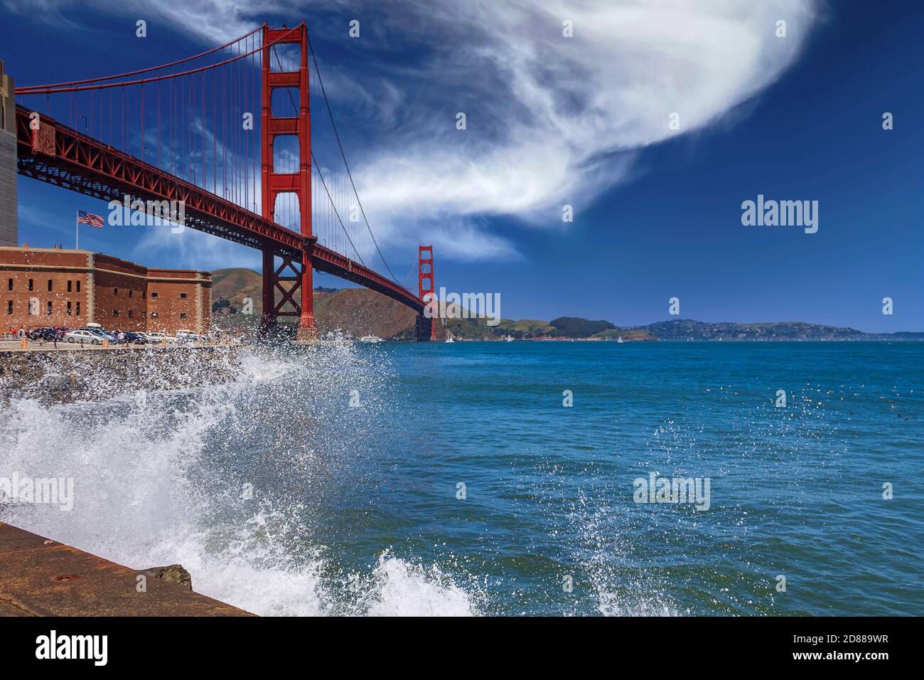 Waves crashing beneath the iconic Golden Gate Bridge in San Francisco ...