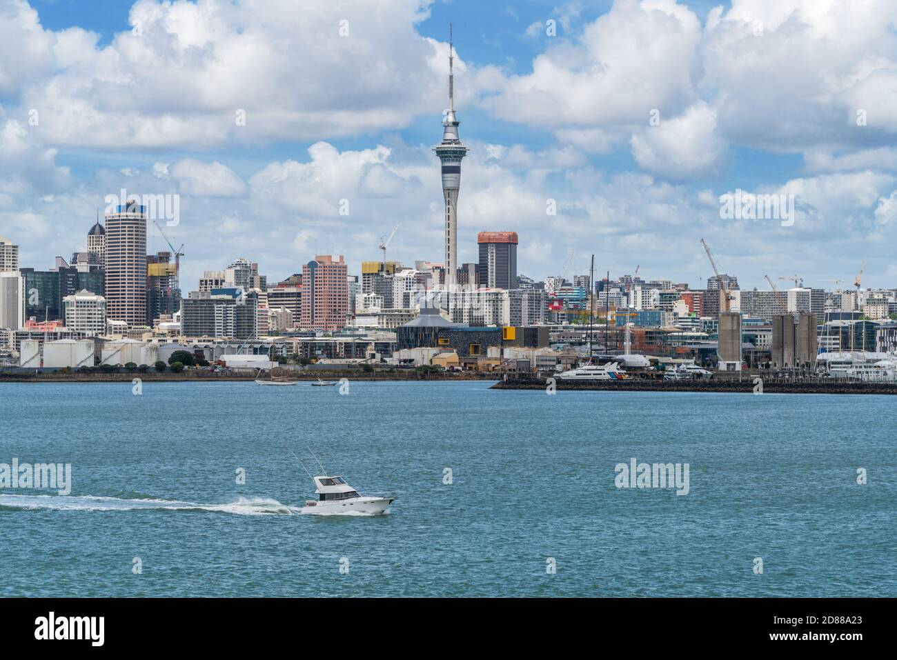 Auckland city skyline at city center and Auckland Sky Tower, the iconic ...