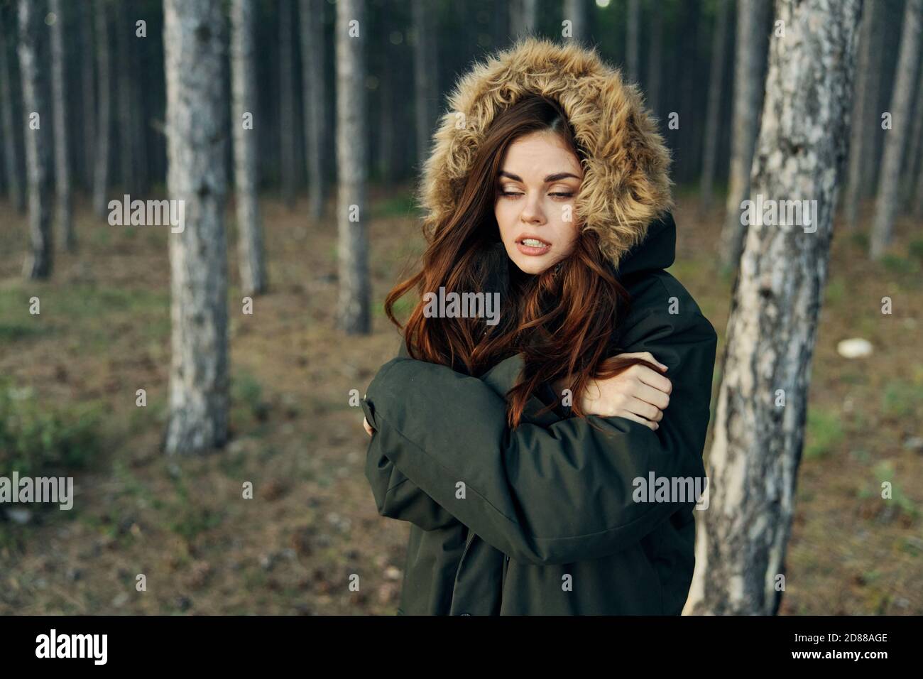 Woman jackets coolness nature forest lifestyle journey Stock Photo - Alamy