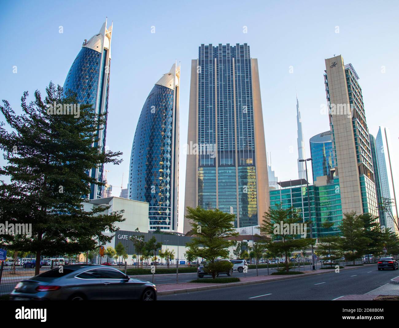 Dubai Financial Center road. Landmarks such Burj Khalifa, tallest ...