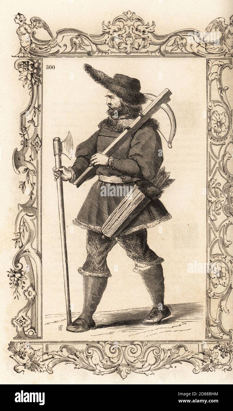 Travel costume of a Scandinavian man, 16th century. He wears clothes of ...