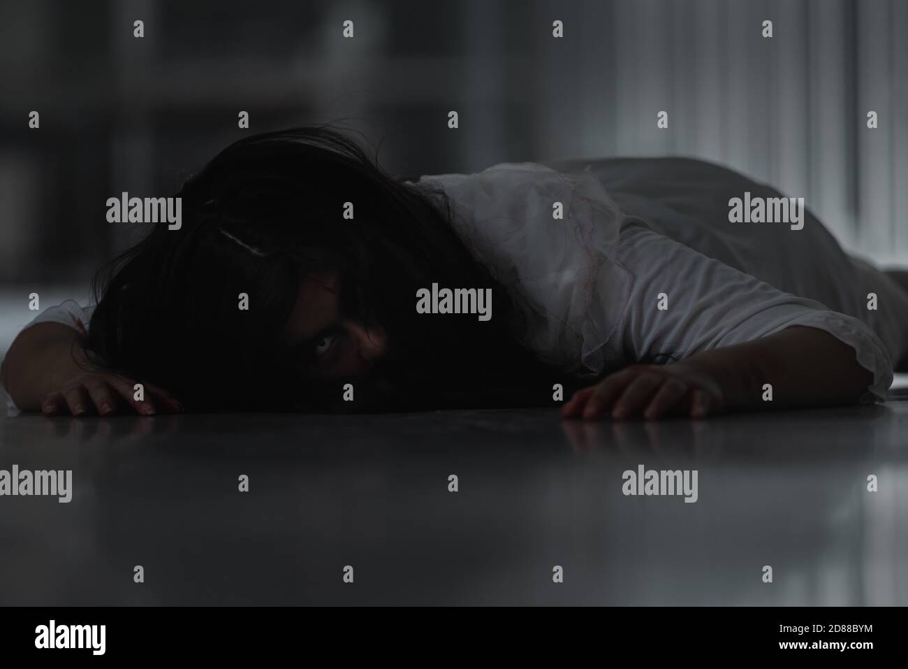 Horror evil woman ghost creepy lying dead in a dark room at house ...