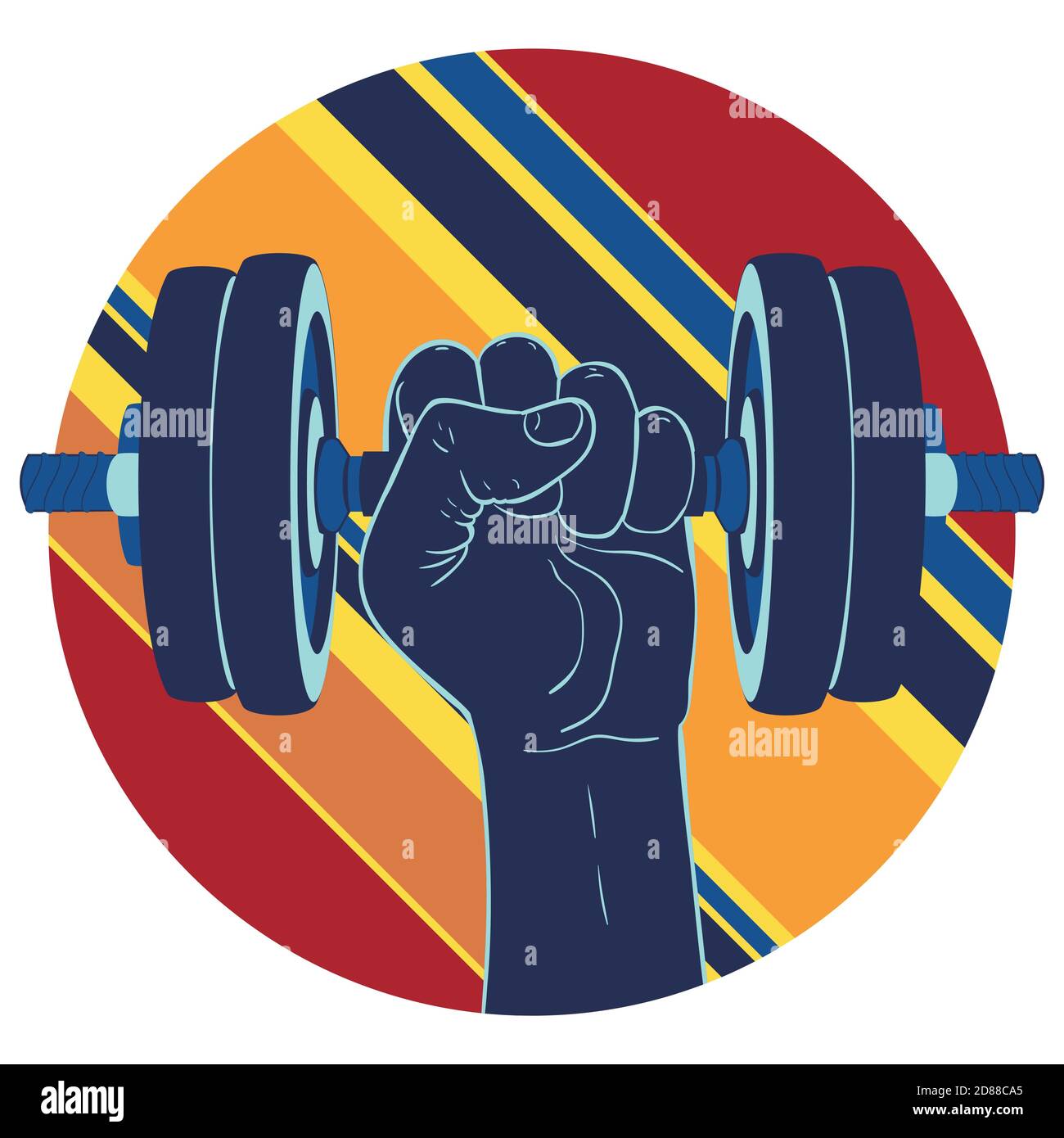 Human hand holding dumbbells, sports themed retro illustration Stock ...