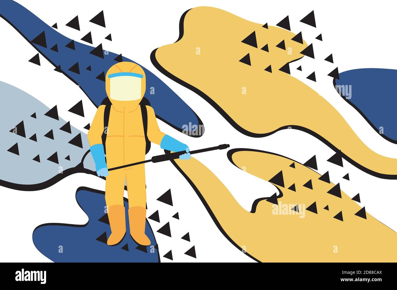 Worker in a personal yellow protective suit sprays disinfectant design ...