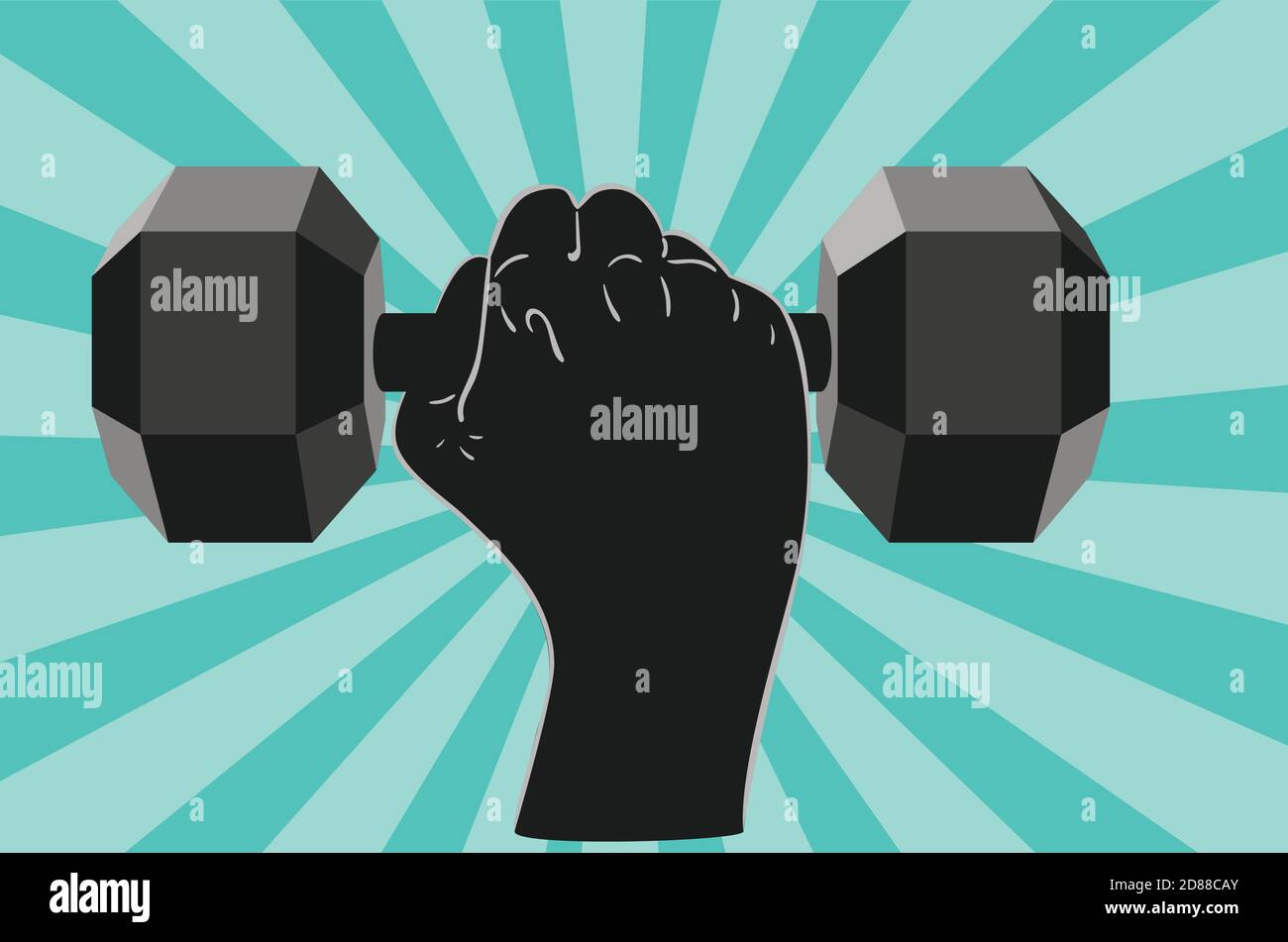 Human hand holding dumbbells, sports themed retro illustration Stock ...