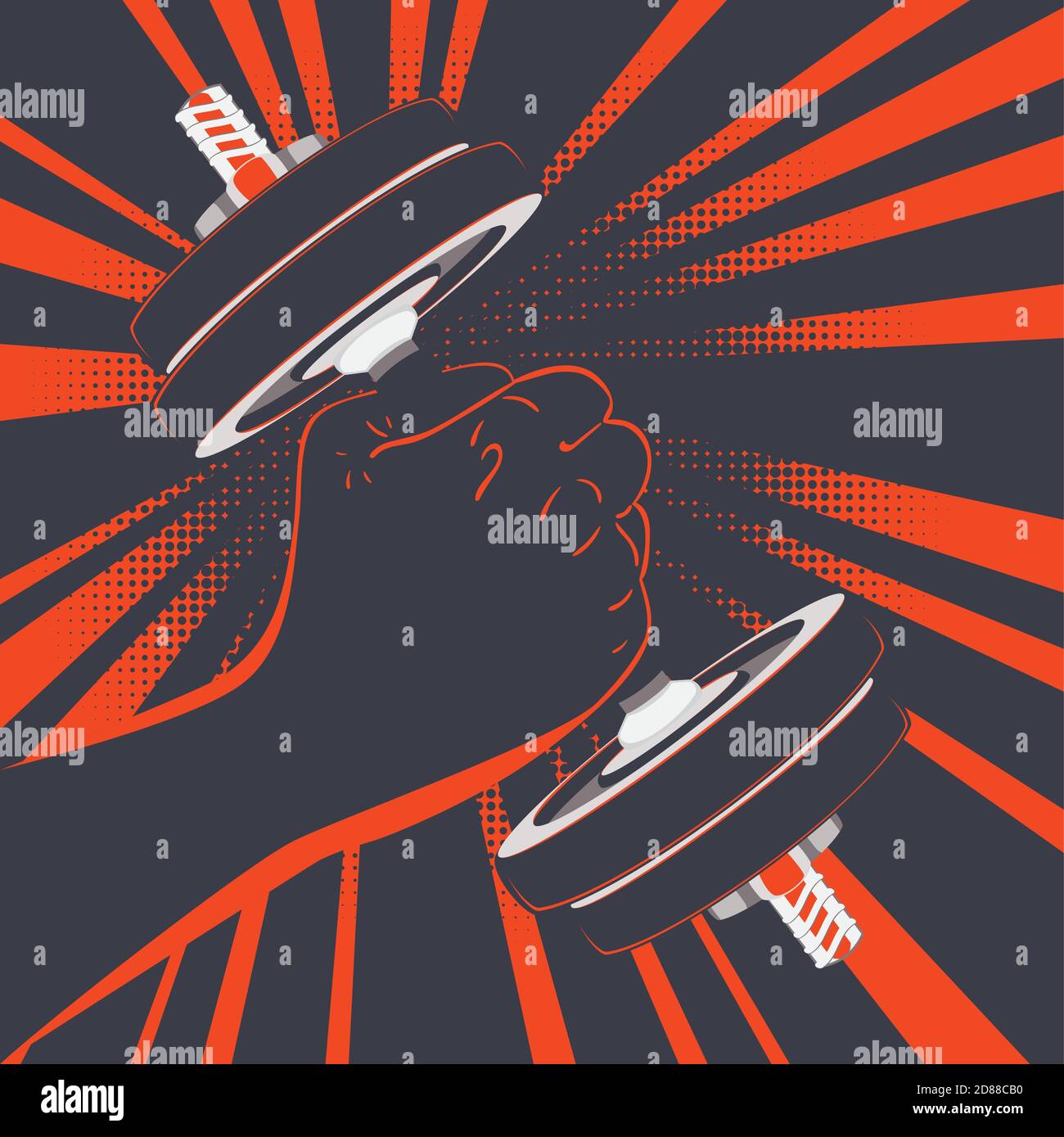 Human hand holding dumbbells, sports themed retro illustration Stock ...