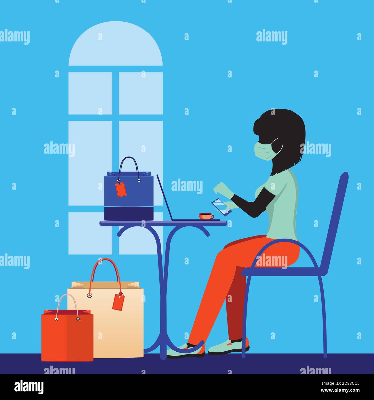 Cartoon woman in mask with shopping bags working on laptop in cafe ...