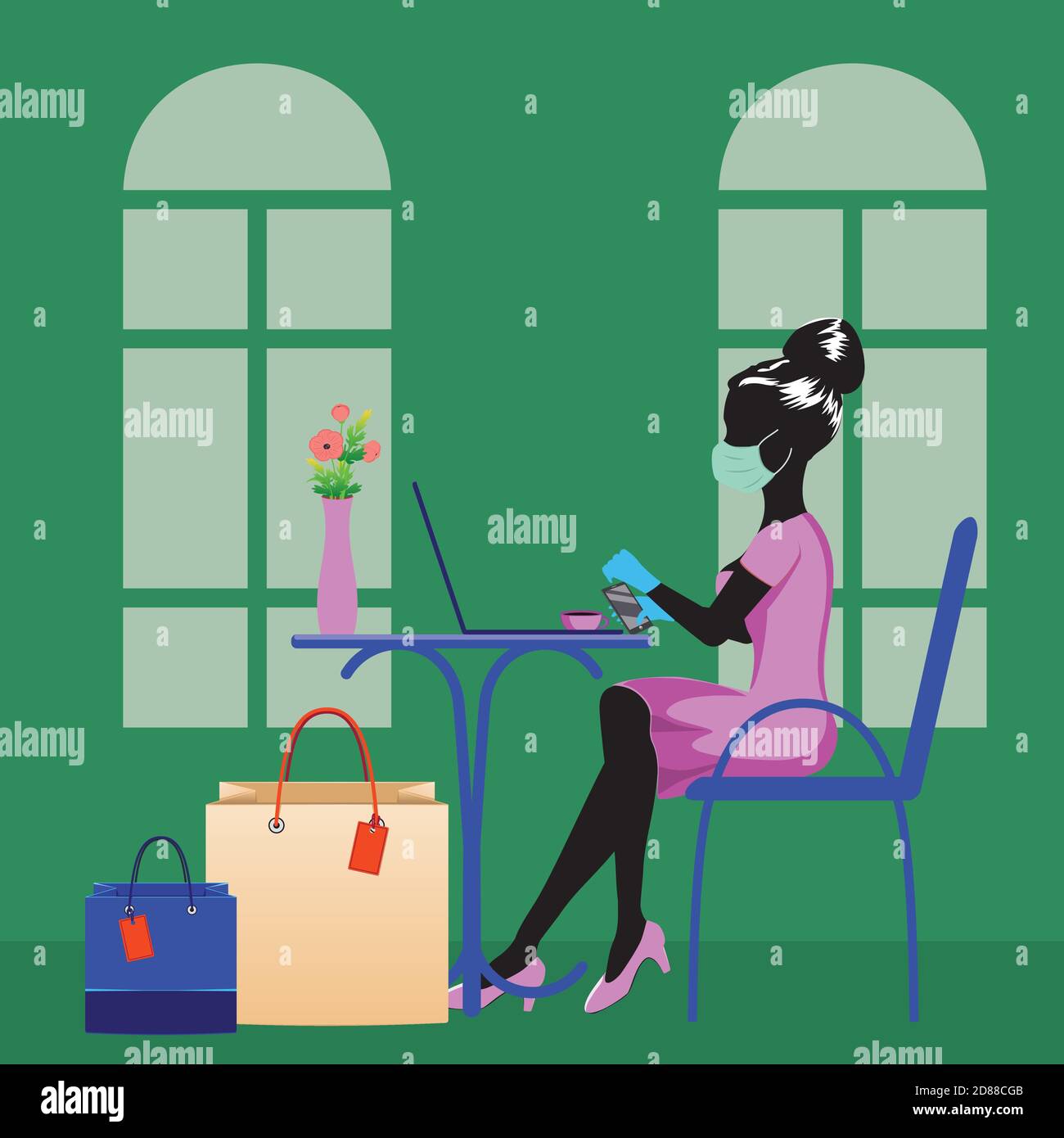 Cartoon woman in mask with shopping bags working on laptop in cafe ...