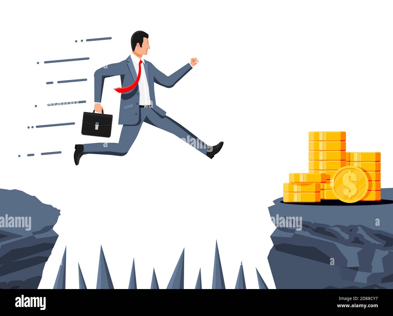 Businessman jumps to money through abyss with thorns. Business man in ...