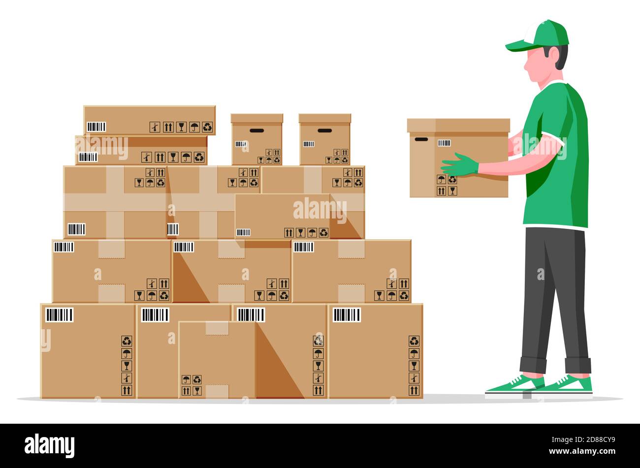 Cardboard boxes pile and mover isolated on white. Carton delivery ...