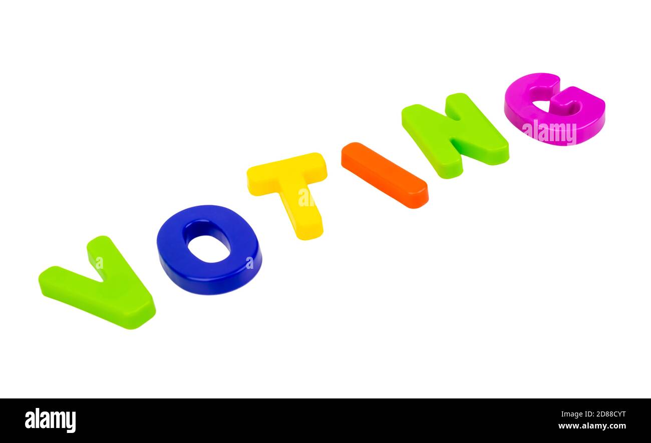 Text VOTING written in plastic letters on a white background. Concept ...
