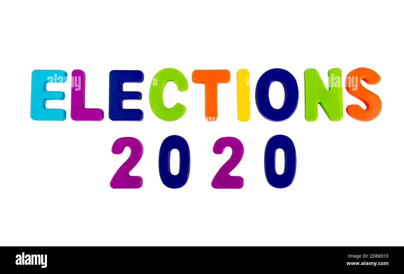 Text ELECTIONS 2020 written in plastic letters on a white background ...