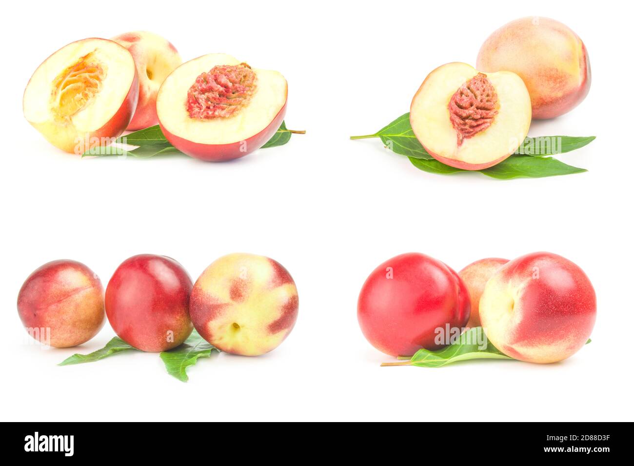 Collage of fresh peaches fruits isolated on a white background cutout ...