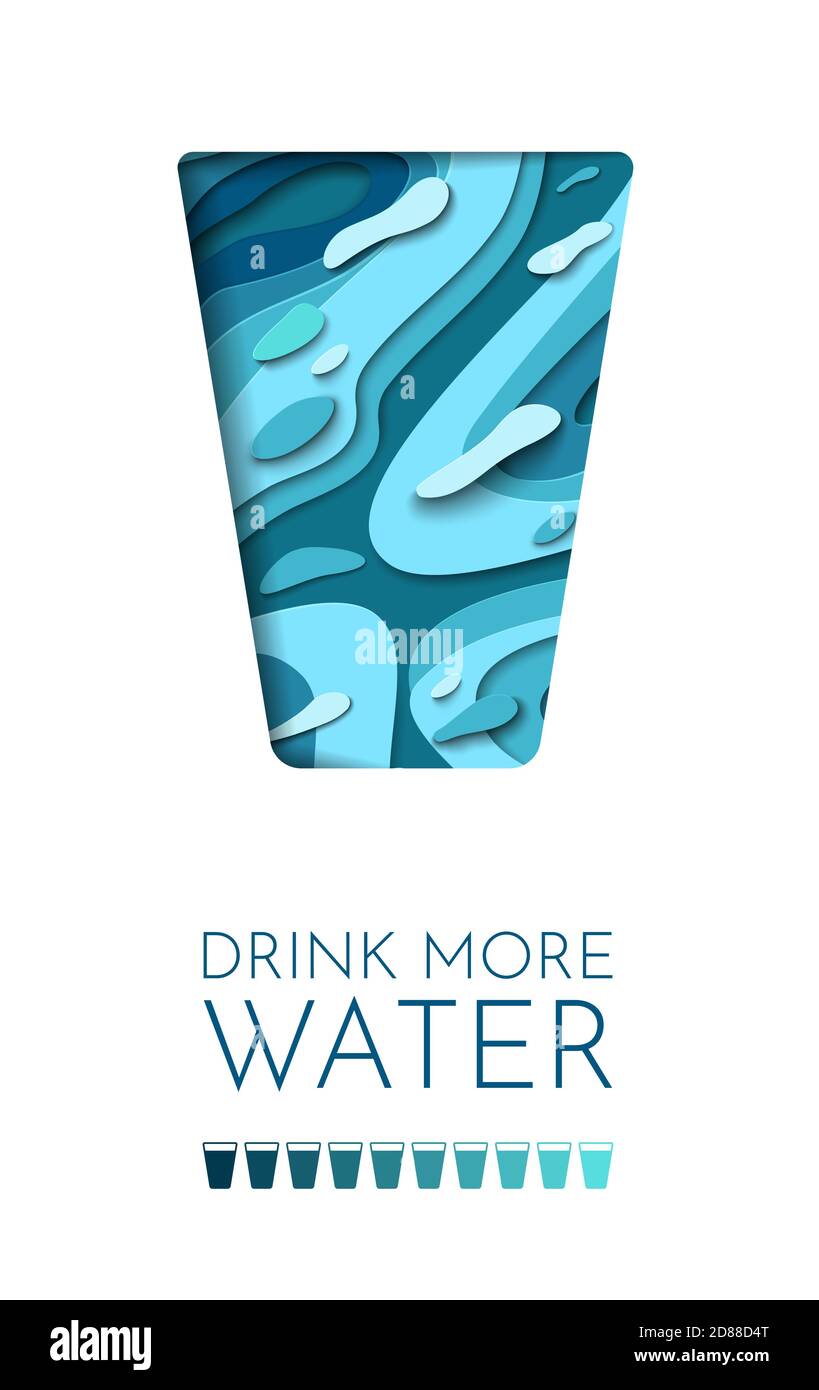 Blue paper water glass paper cut design. Paper art style. Drink water ...