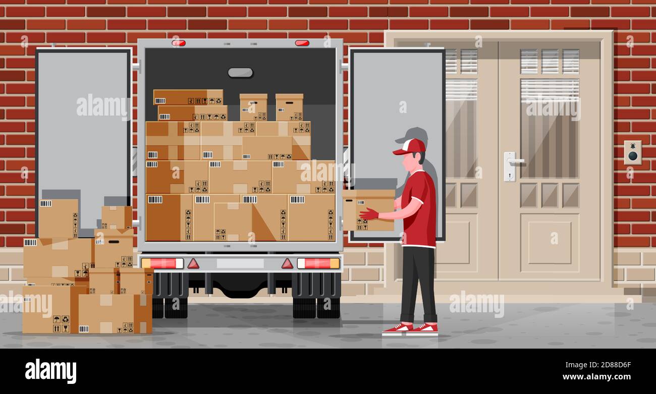 Loader unloads the goods from truck. Fast and free delivery service in ...