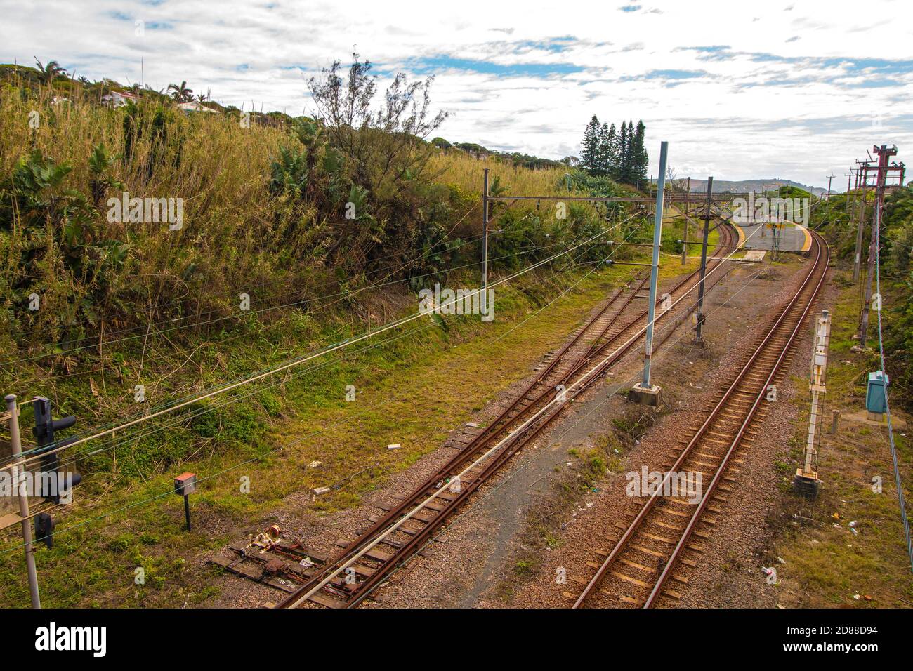 Dual railway tracks headed towards platford surrounded by bush Stock ...