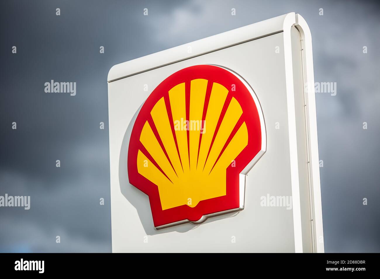 Prague, Czech Republic - 27.10.2020. Shell gas station logo against the ...