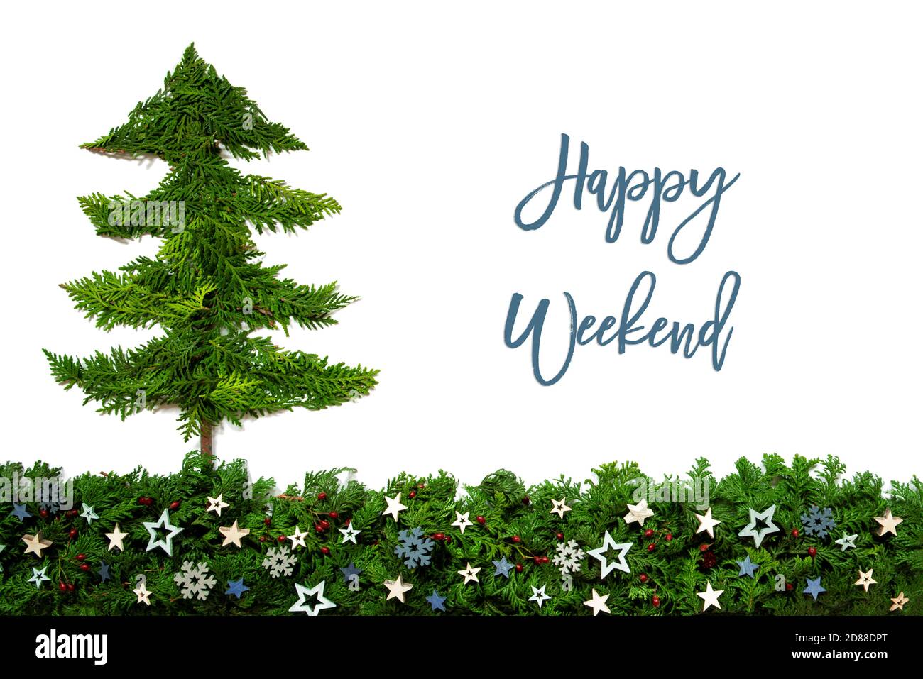 Christmas Tree, Blue Stars, Fir Branch, Text Happy Weekend Stock Photo ...