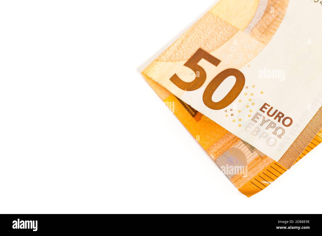 fifty euro banknotes on white background. France. Place for text Stock ...