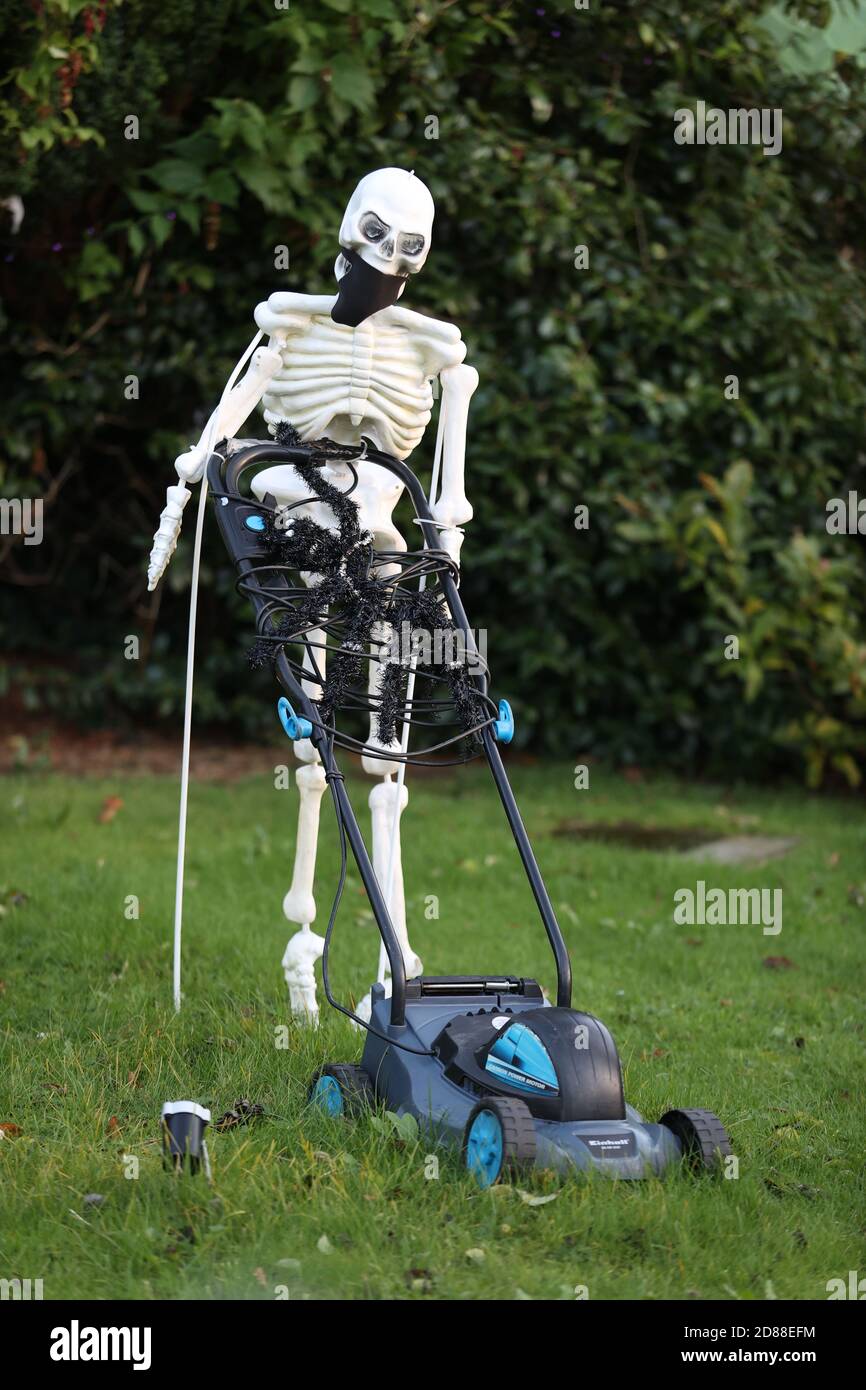 A skeleton with a lawn mower as part of Halloween decorations outside a ...
