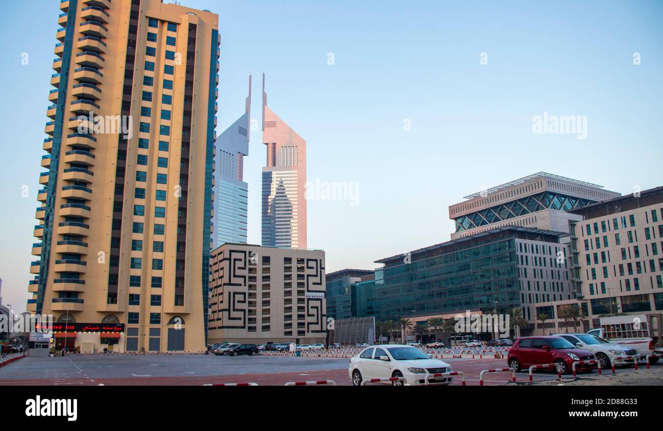 Dubai Financial Center road. Landmarks such Jumeirah Emirates towers ...