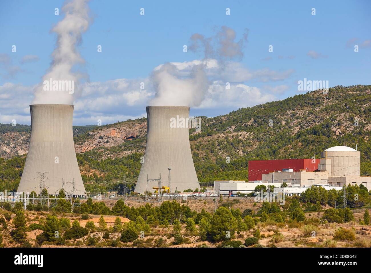 Nuclear power plant chimneys with steam. Sustainable energy Stock Photo ...