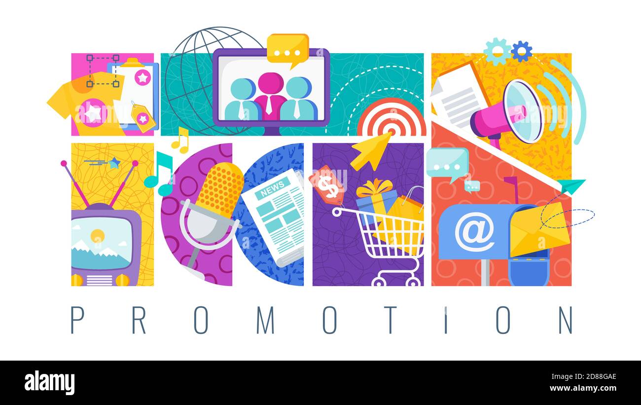 Promotion and advertising banner with icon. Flat vector illustration ...