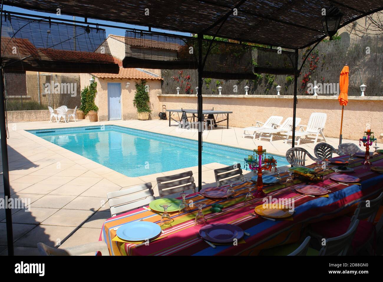 Table set for meals around the pool Stock Photo - Alamy