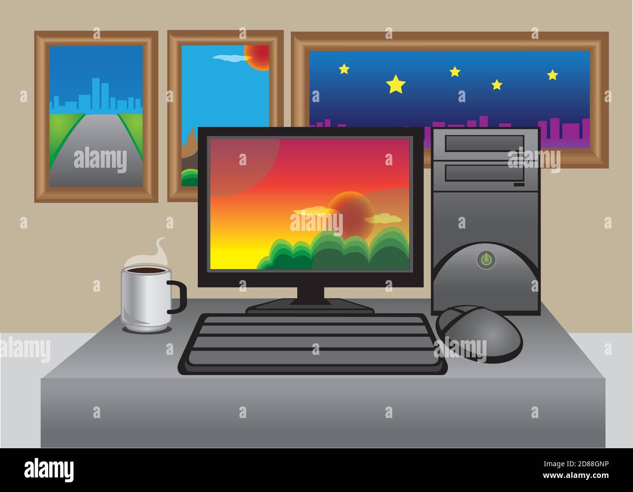 Office desk with photo frames Stock Vector Images - Alamy