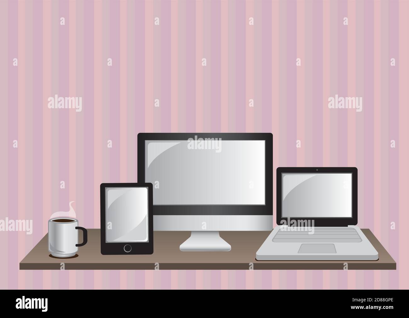 Vector illustration of three technology items on the wooden deaktop ...