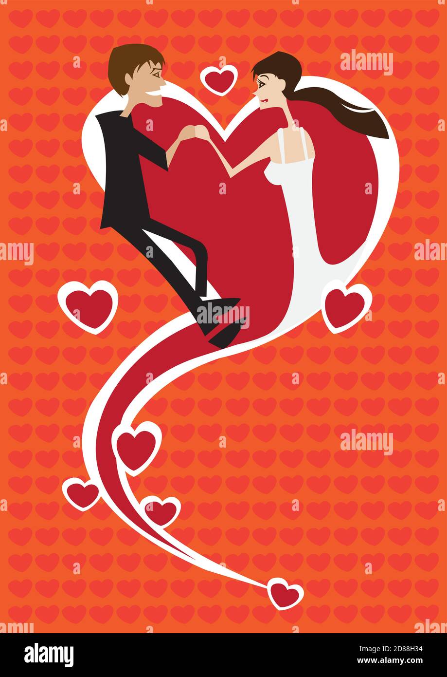 Vector illustration of man and woman falling in love in a heart shape ...