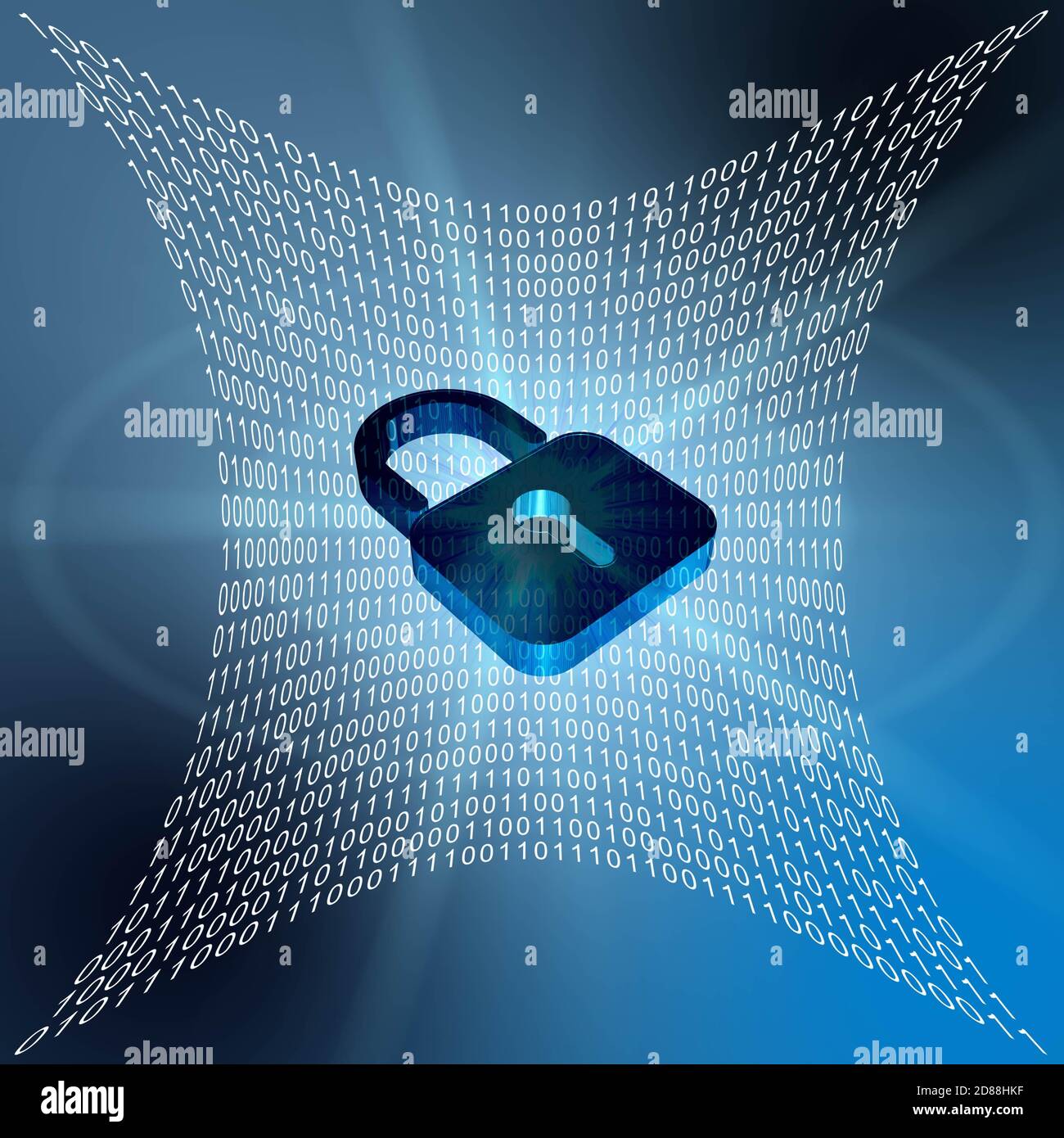 Binary code in shaped surface on blue background - closed padlock symbolic for data security ...