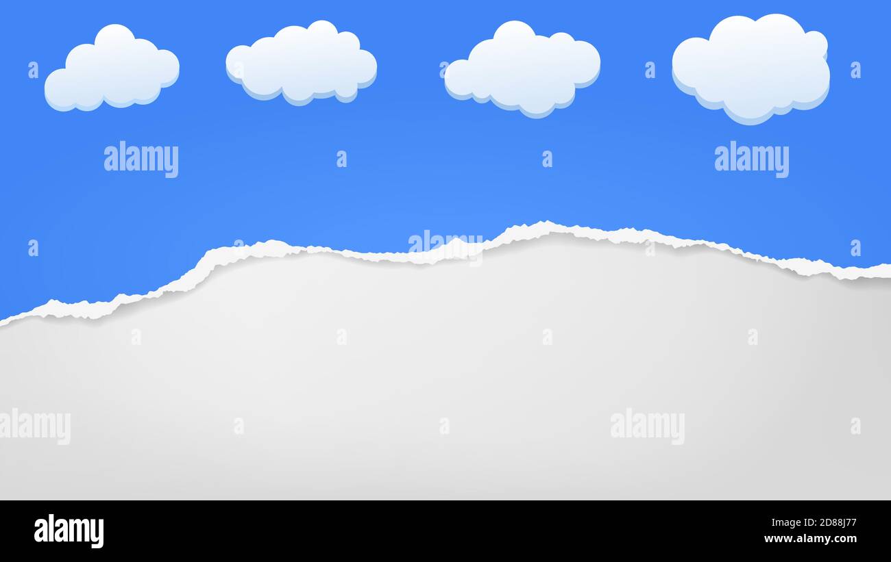 Torn of blue paper strip, piece is with clouds on white background for ...