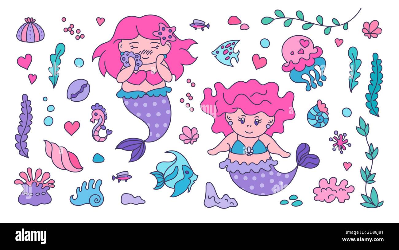 Under the Sea - set of isolated stickers for kids. Cute mermaids ...