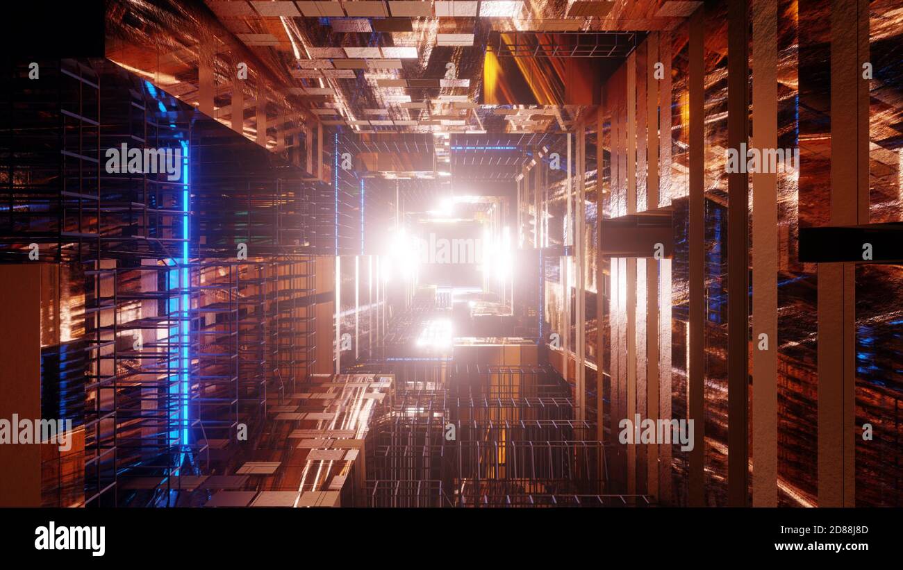 golden futuristic science-fiction tunnel hole with blue neon wireframe ...