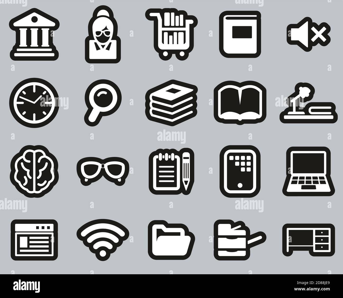 Library Or Study Icons White On Black Sticker Set Big Stock Vector ...
