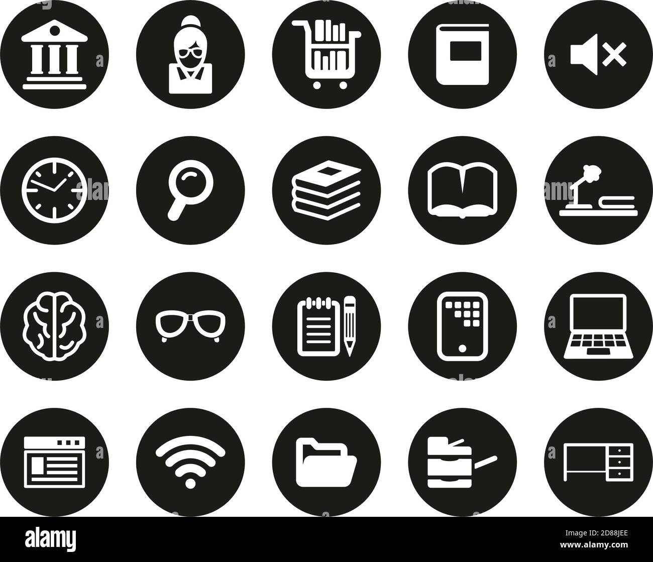 Library Or Study Icons White On Black Flat Design Circle Set Big Stock ...