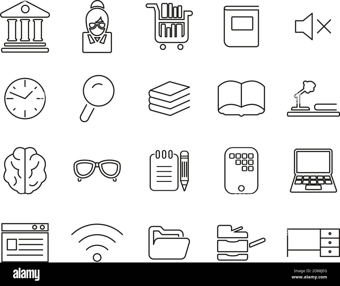 Library Or Study Icons Black & White Thin Line Set Big Stock Vector ...