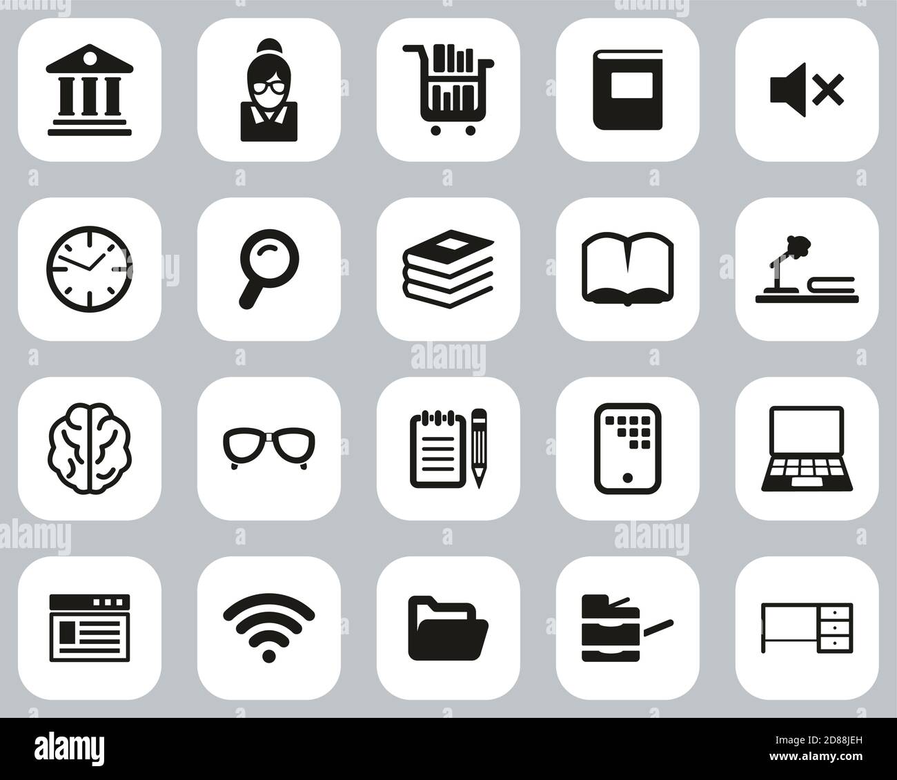 Library Or Study Icons Black & White Flat Design Set Big Stock Vector ...