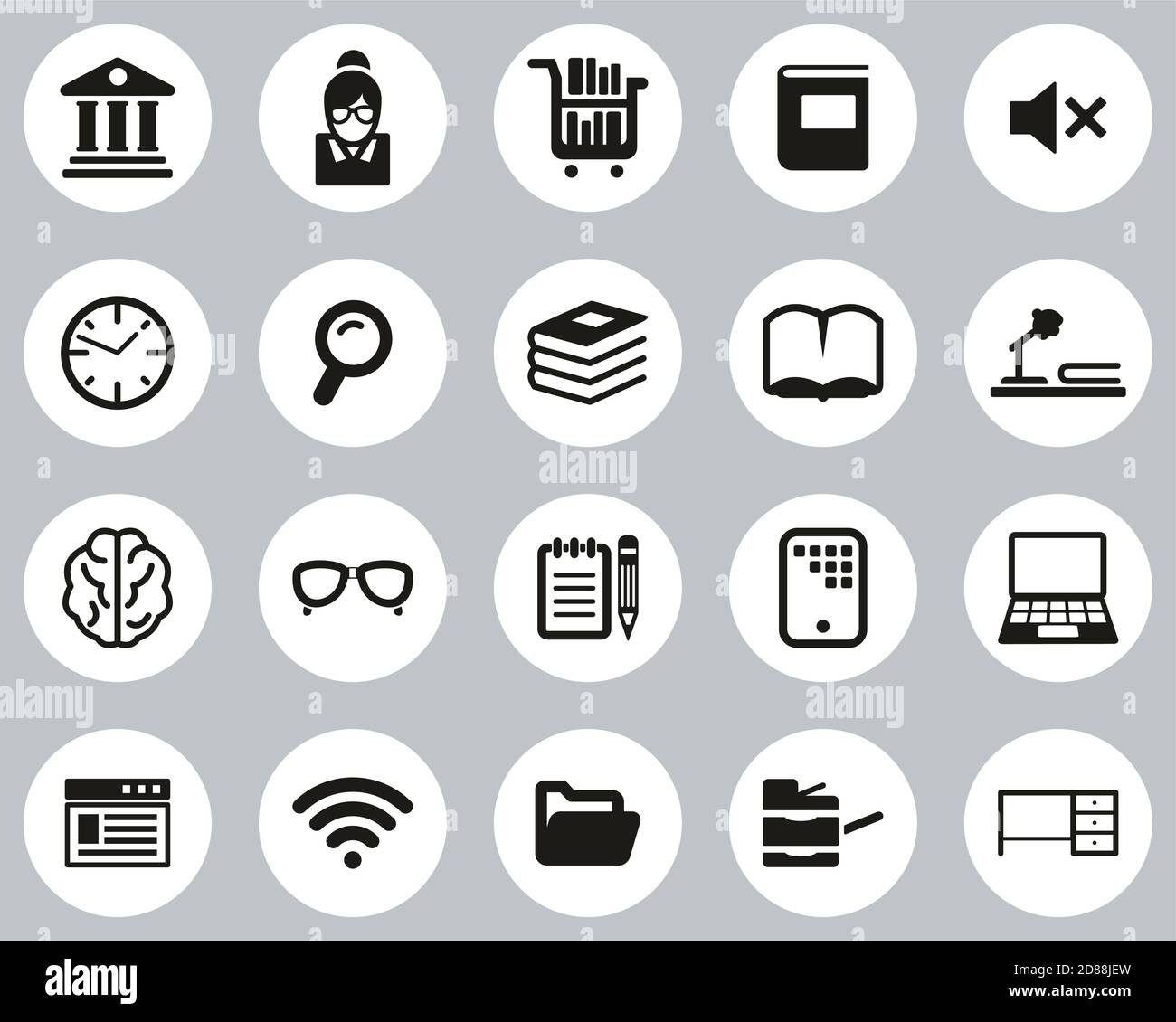 Library Or Study Icons Black & White Flat Design Circle Set Big Stock ...