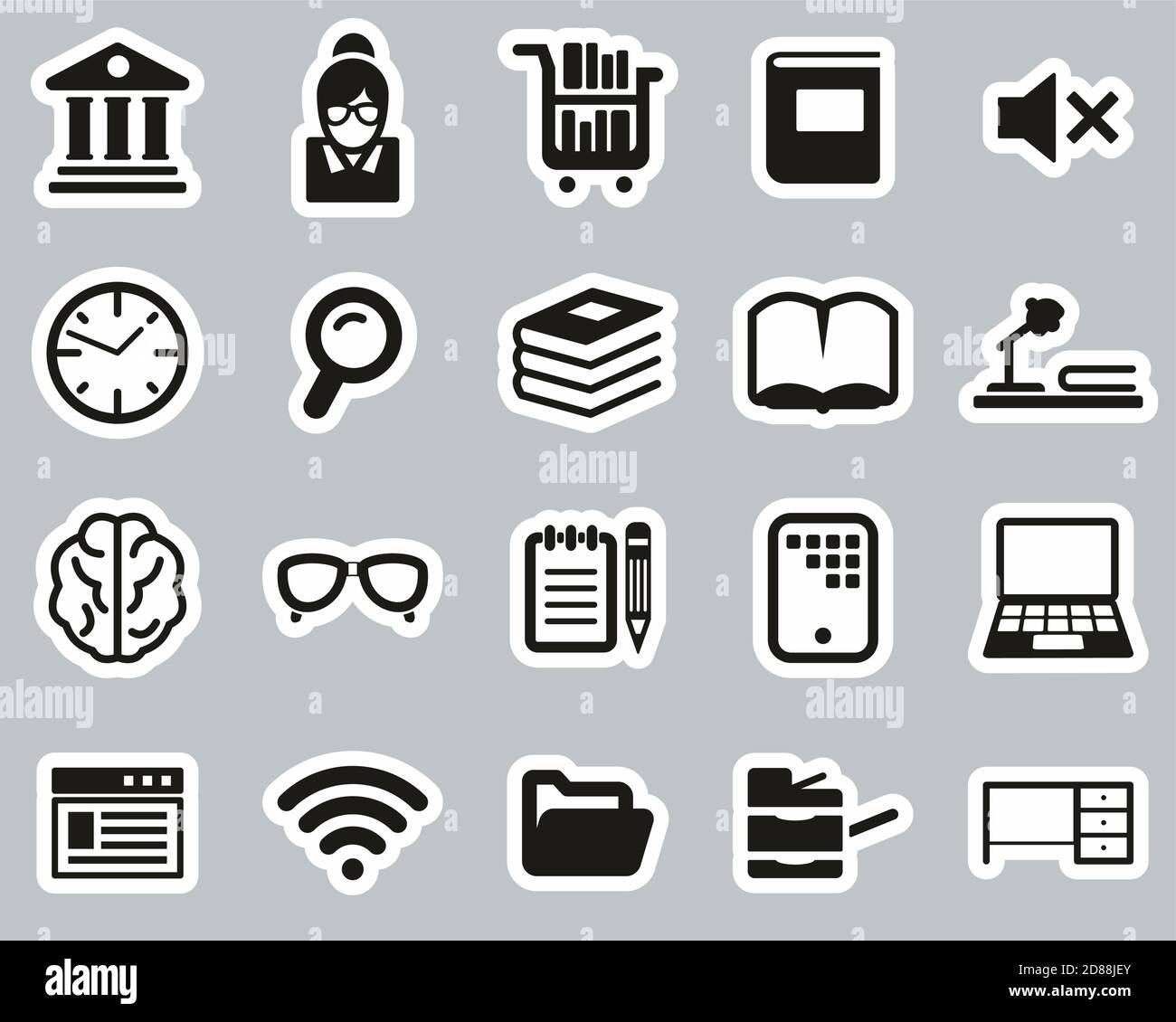 Library Or Study Icons Black & White Sticker Set Big Stock Vector Image ...