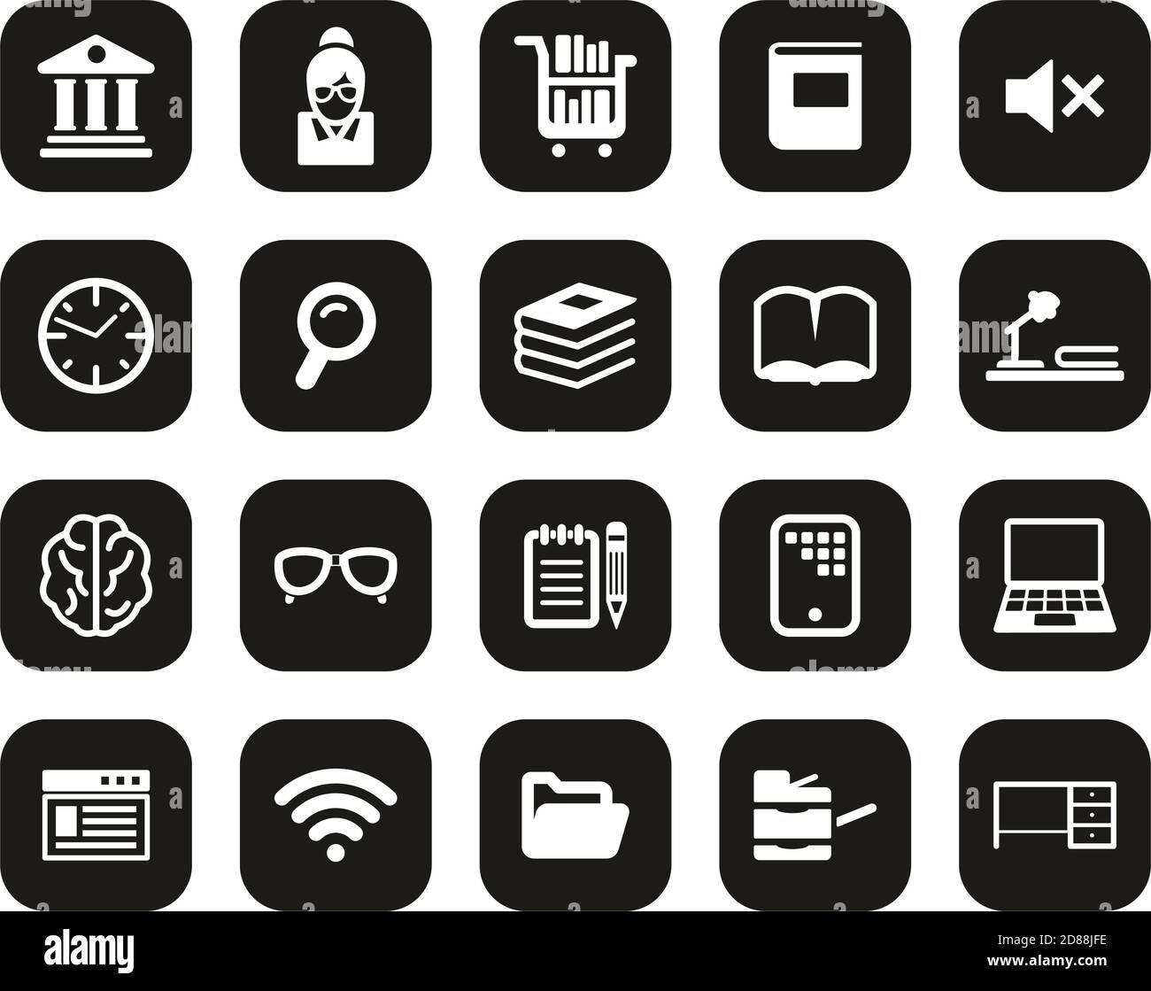 Library Or Study Icons White On Black Flat Design Set Big Stock Vector ...