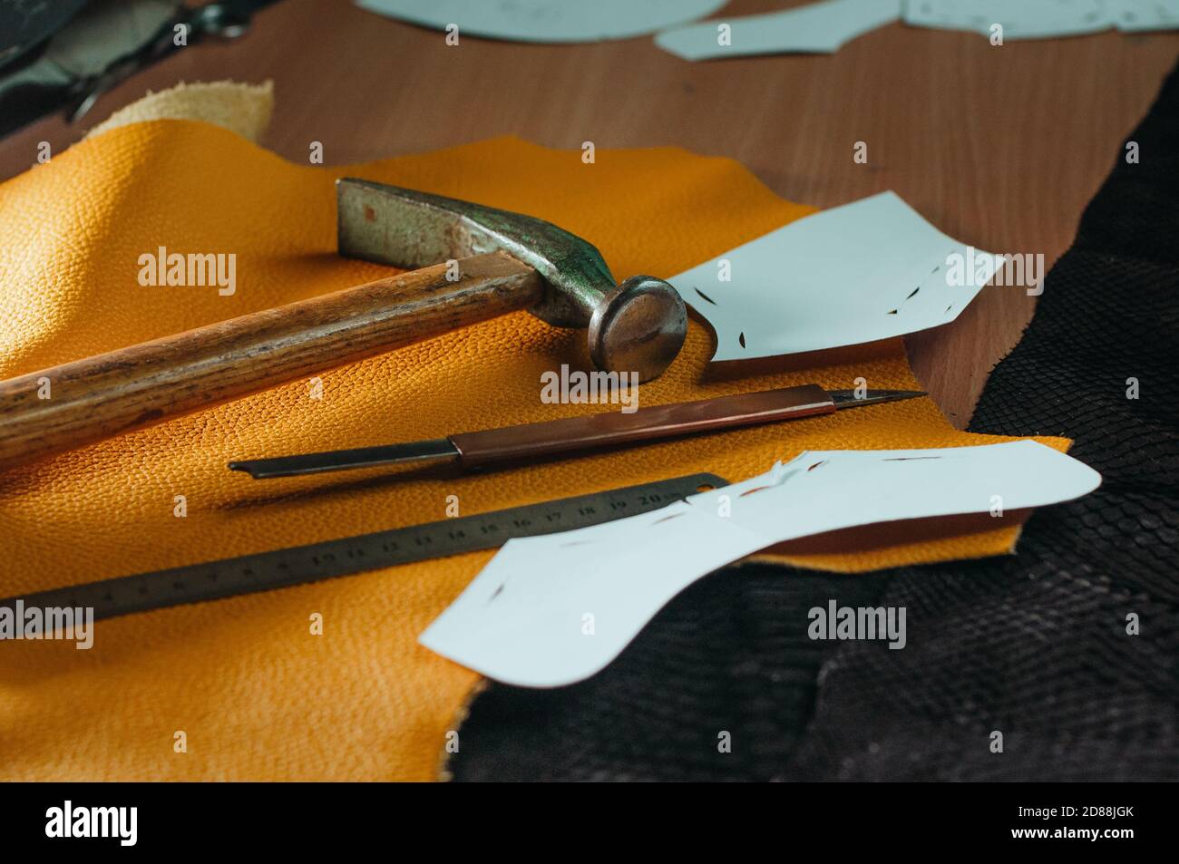 Tools of shoemaker, pattern and leather in shoemaker workshop Stock ...