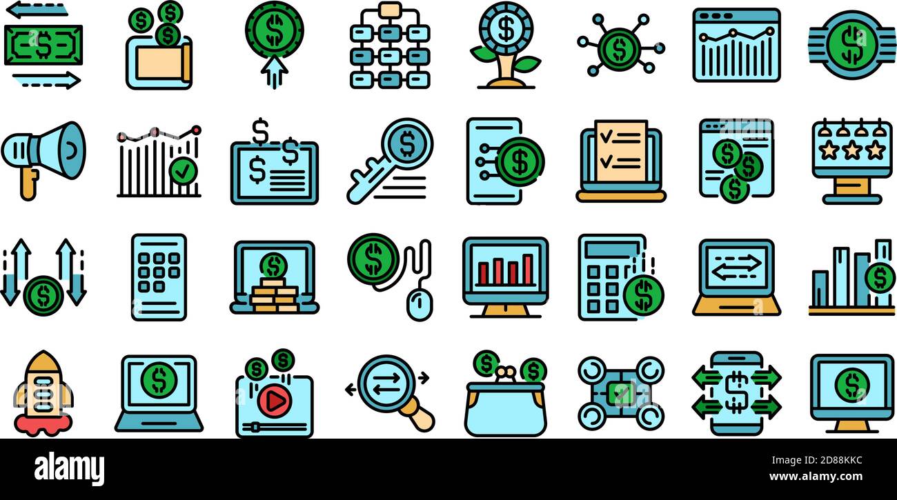 Monetization icons set. Outline set of monetization vector icons thin ...