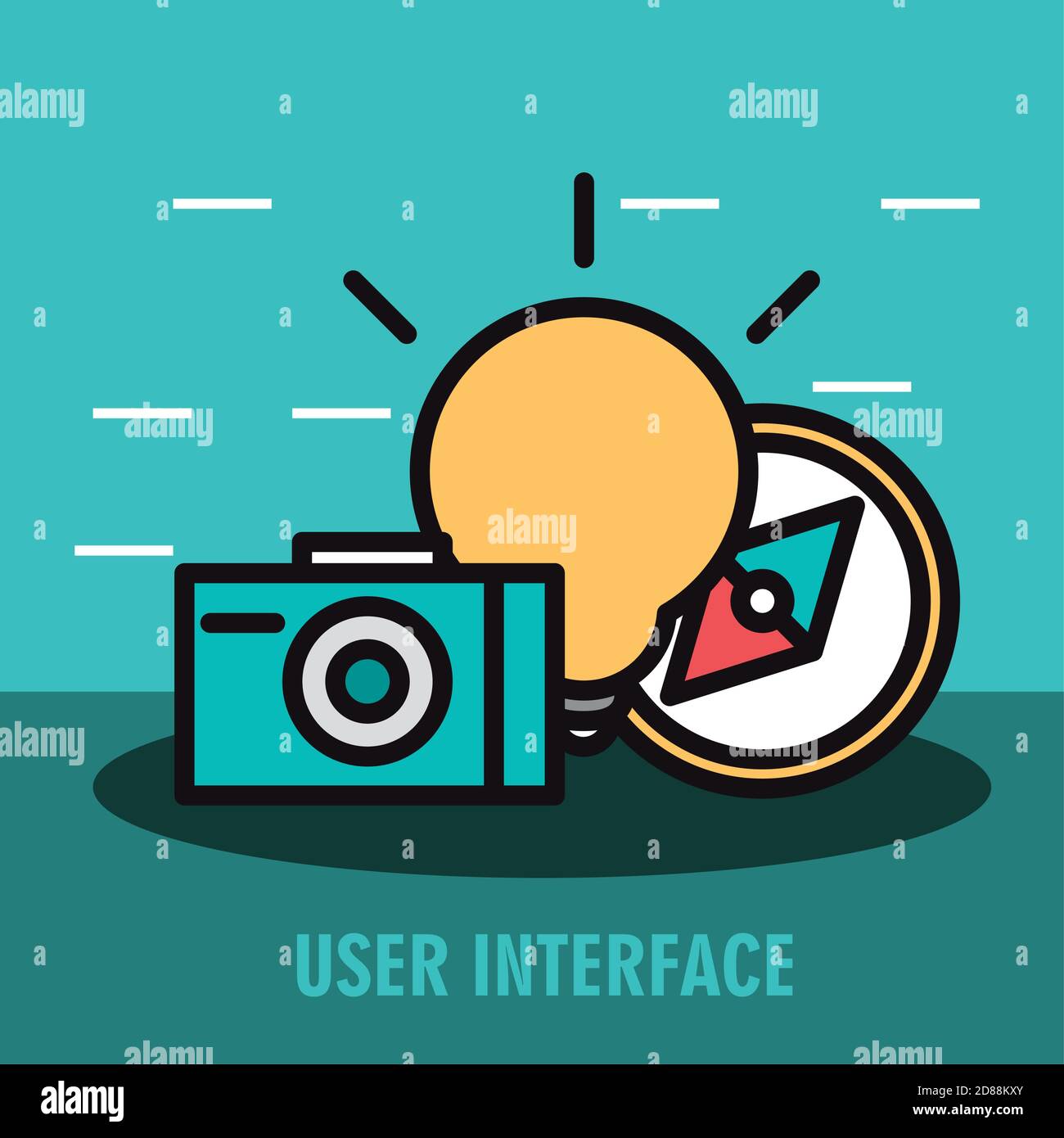 user interface, green background with light bulb camera and compass ...