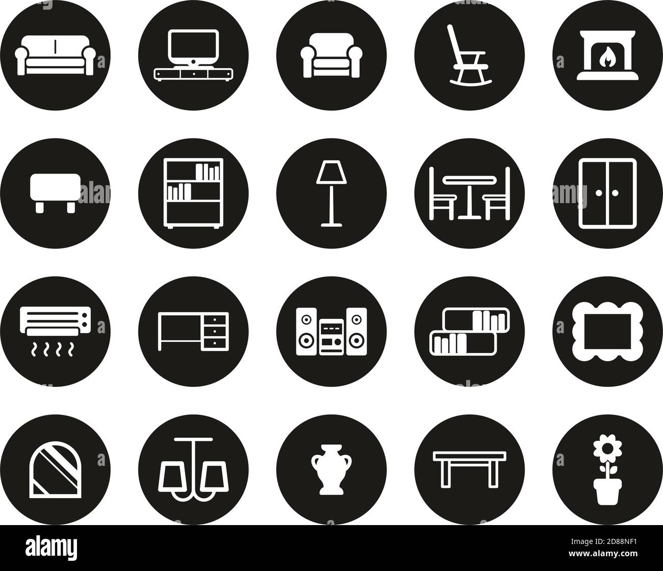 Living Room Furniture Icons White On Black Flat Design Circle Set Big ...