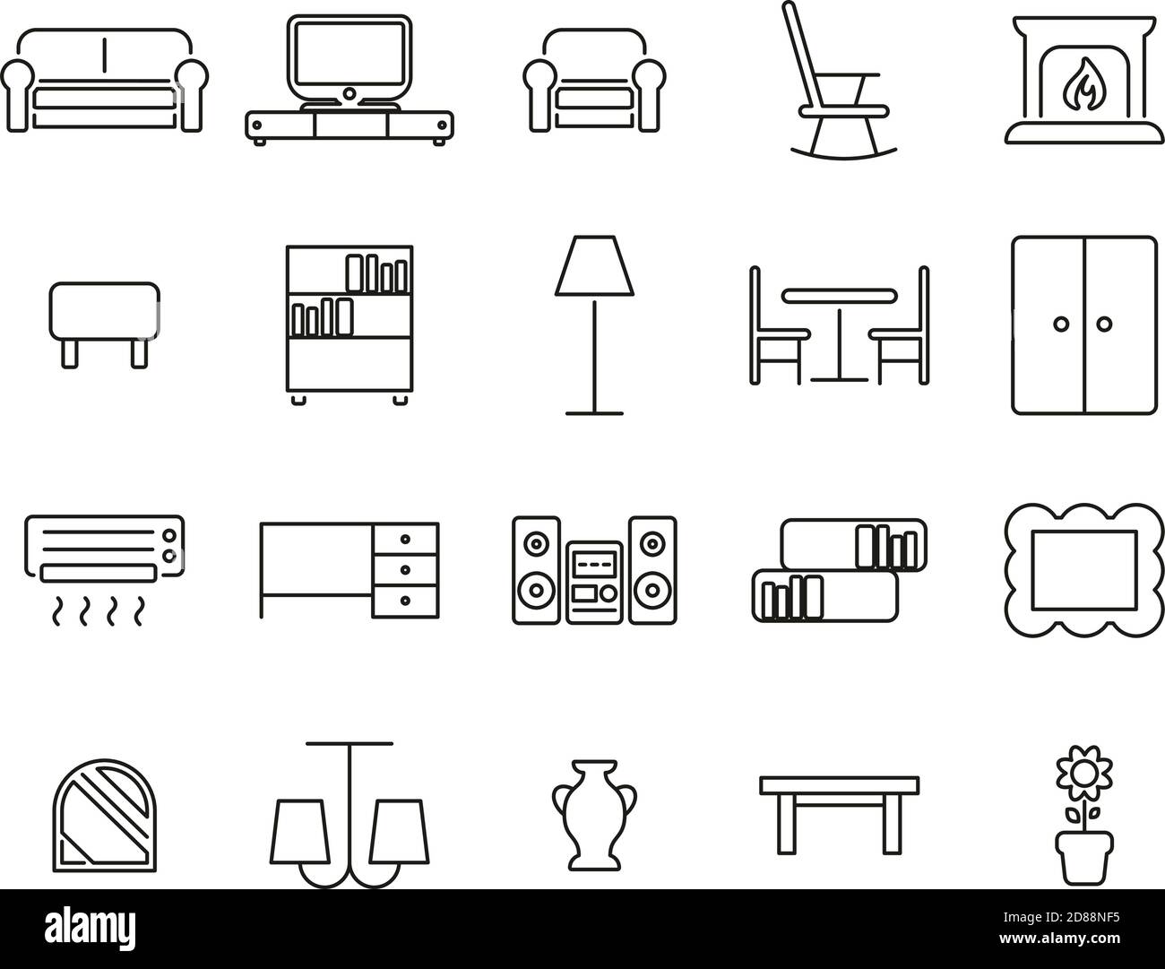 Living Room Furniture Icons Black & White Thin Line Set Big Stock ...