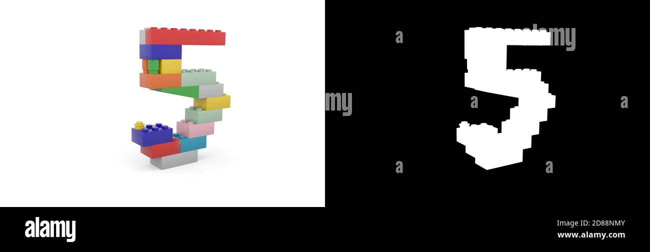 Colorful toy plastic number five (number 5) from building bricks with ...