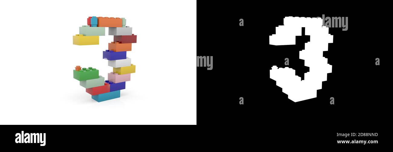 Colorful toy plastic number three (number 3) from building bricks with ...