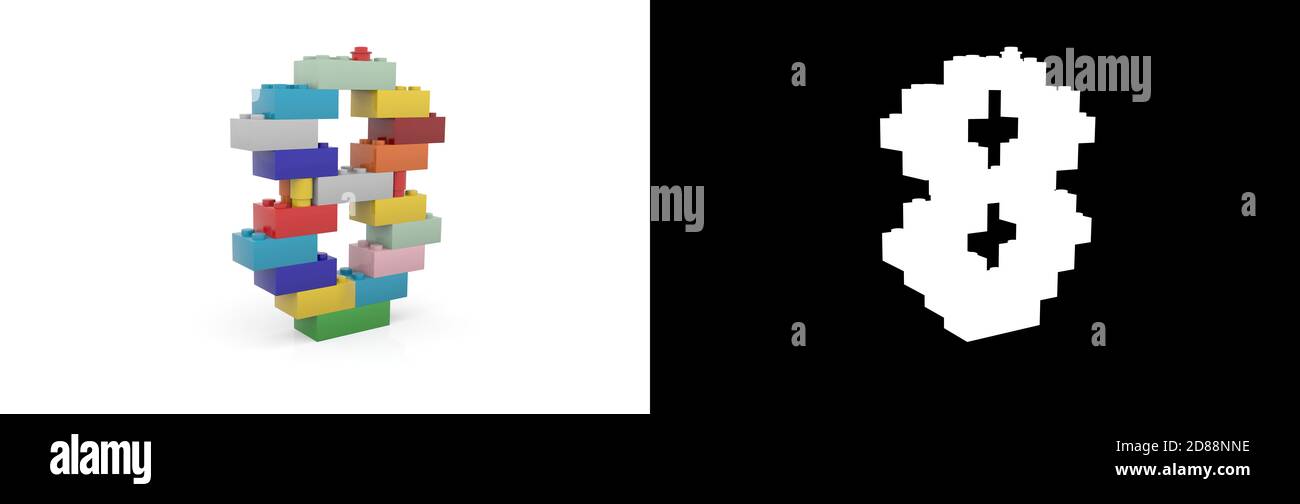 Colorful toy plastic number eight (number 8) from building bricks with ...